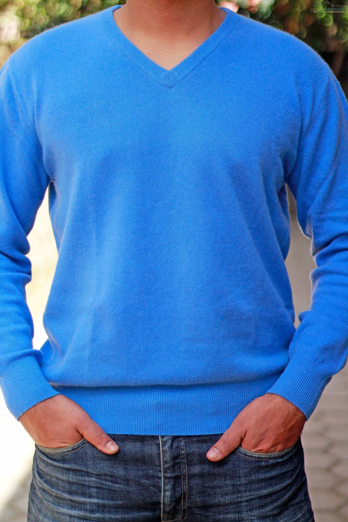 Men's Handmade Cashmere Sweater – Cornflower Blue V-neck Pullover - Etsy