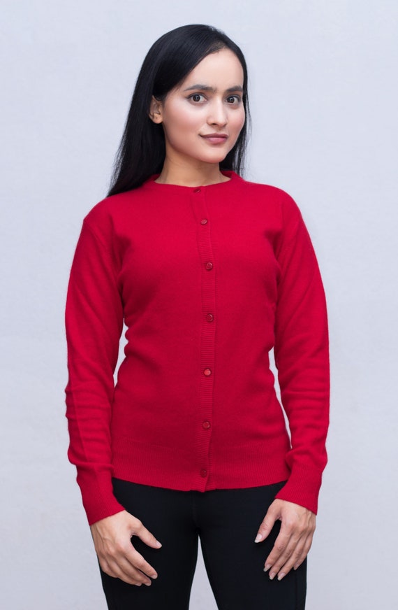 Deep Red Crew Neck Cashmere Cardigan Sweater for Women | Etsy
