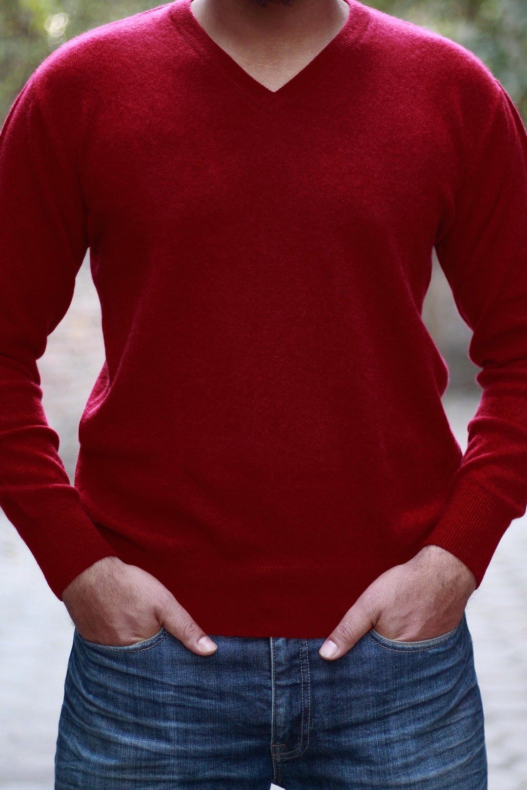 Red Cashmere V-neck Pullover Sweater for Men, Men's Cashmere Sweater ...