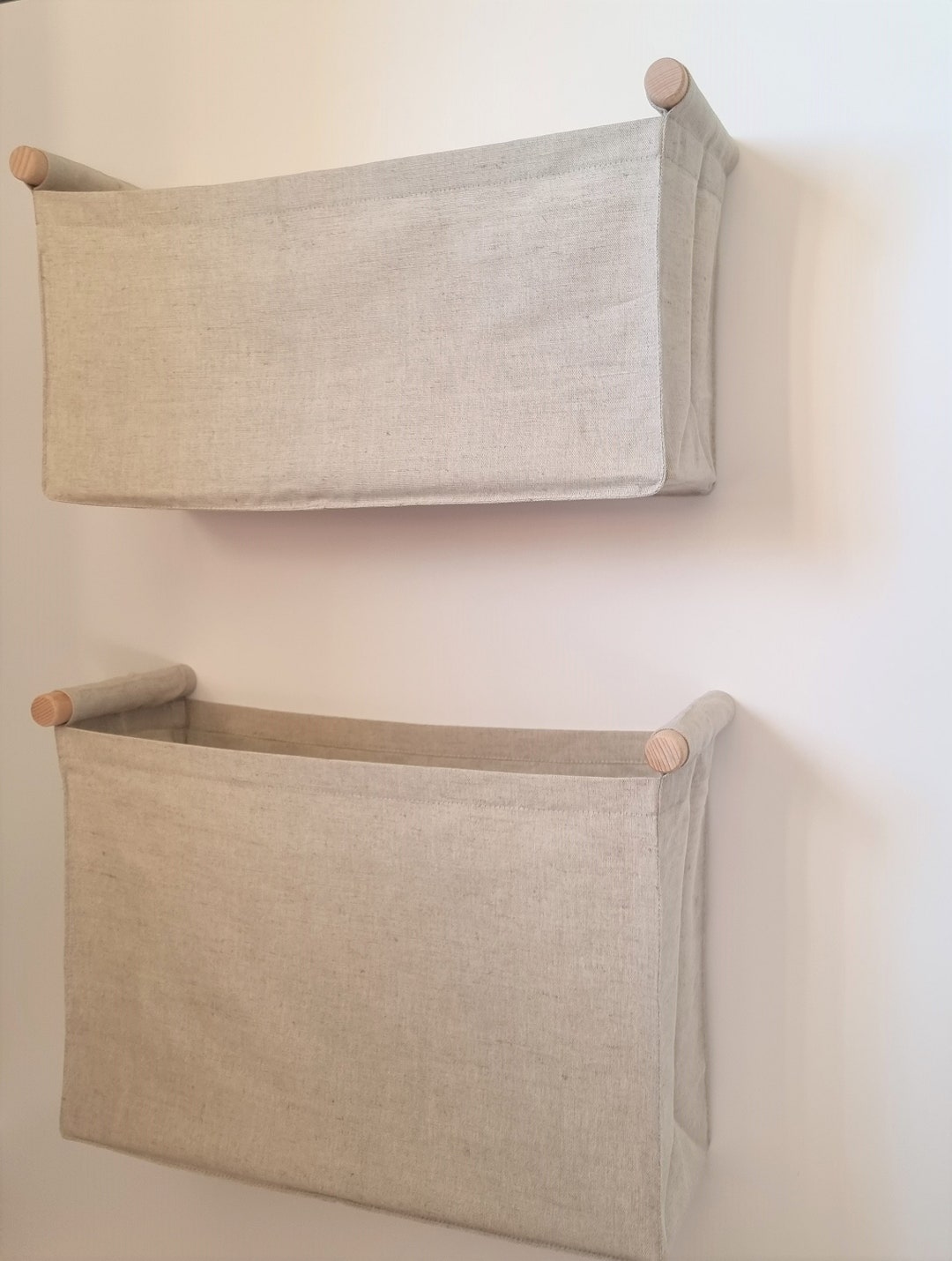 Linen Wall Organizer: Hanging Storage Basket With Wood Hooks - Etsy