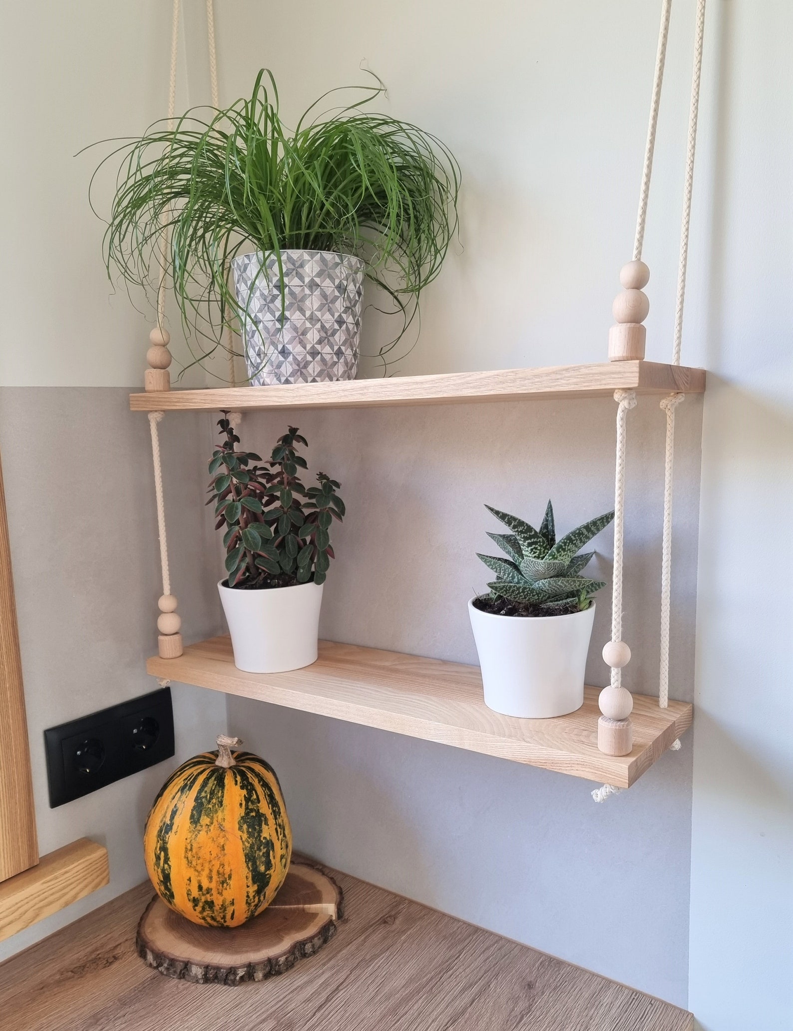 2-tier Hanging Plant Shelf: Ash Wood Rope Wall Decor - Etsy