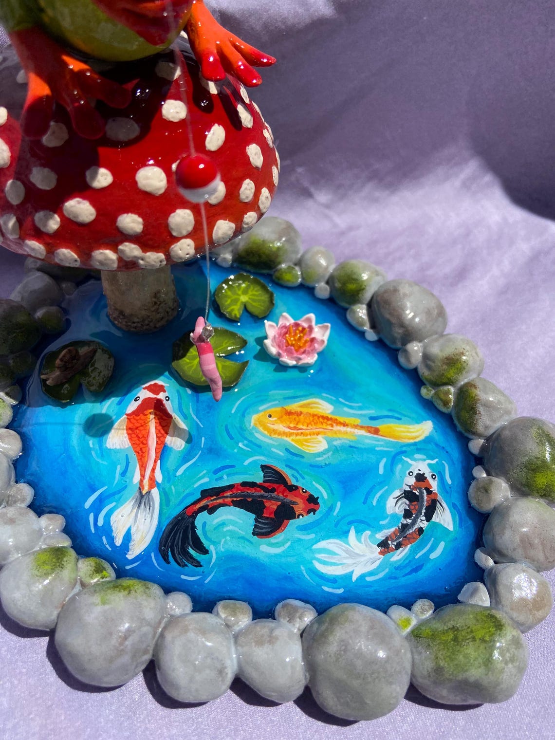 Frog Sitting on an Amanita Mushroom Fishing Polymer Clay and Resin ...