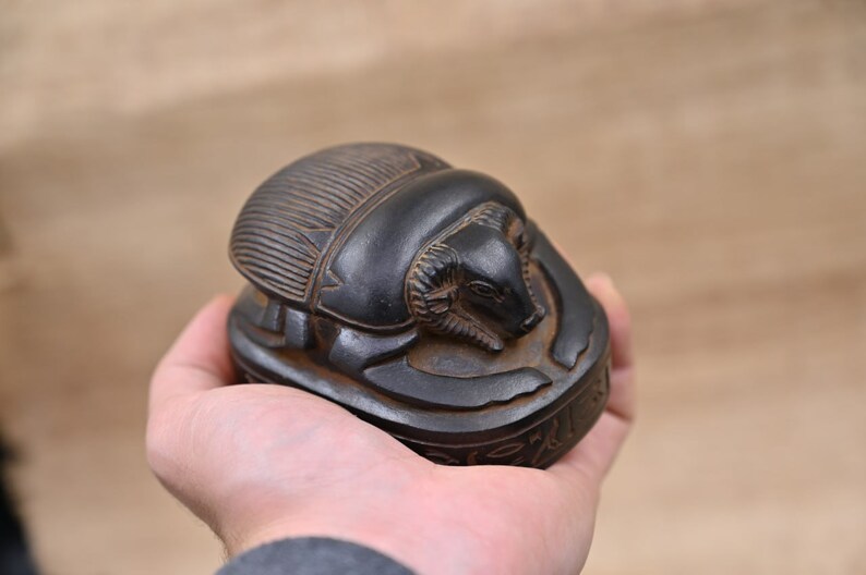 Vintage Black Basalt Scarab Beetle Sculpture: Khnum Ram Head, Egyptian ...