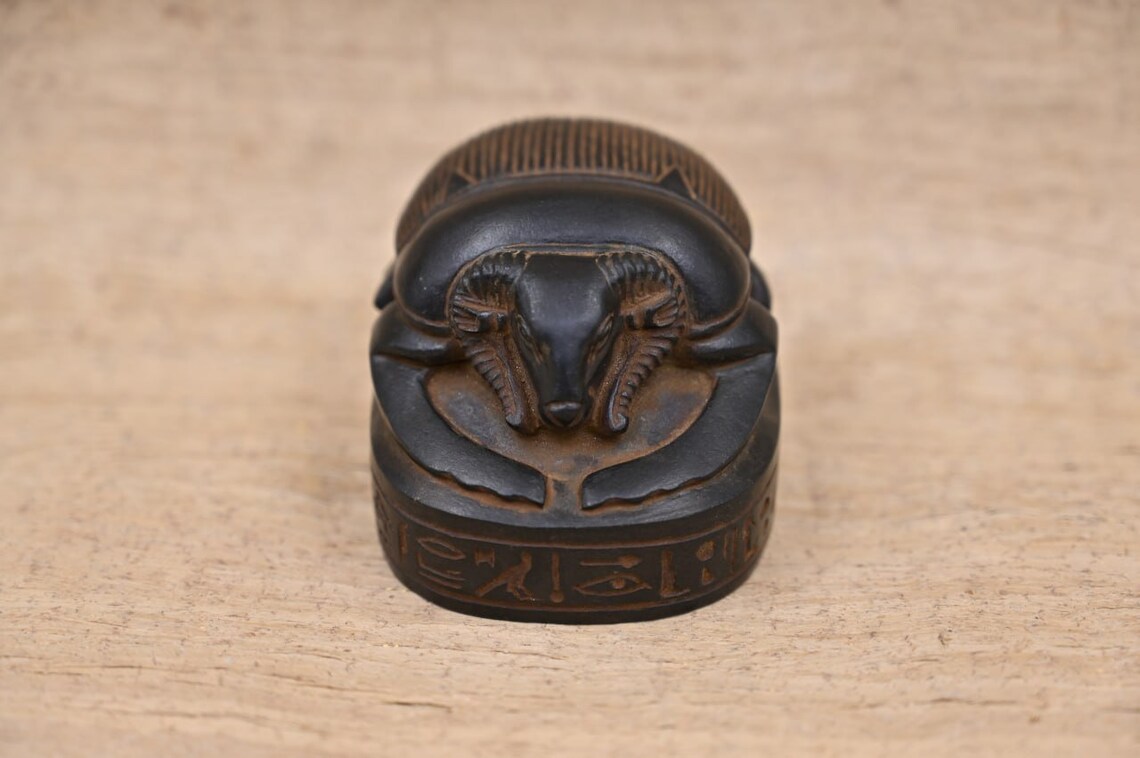 Vintage Black Basalt Scarab Beetle Sculpture: Khnum Ram Head, Egyptian ...