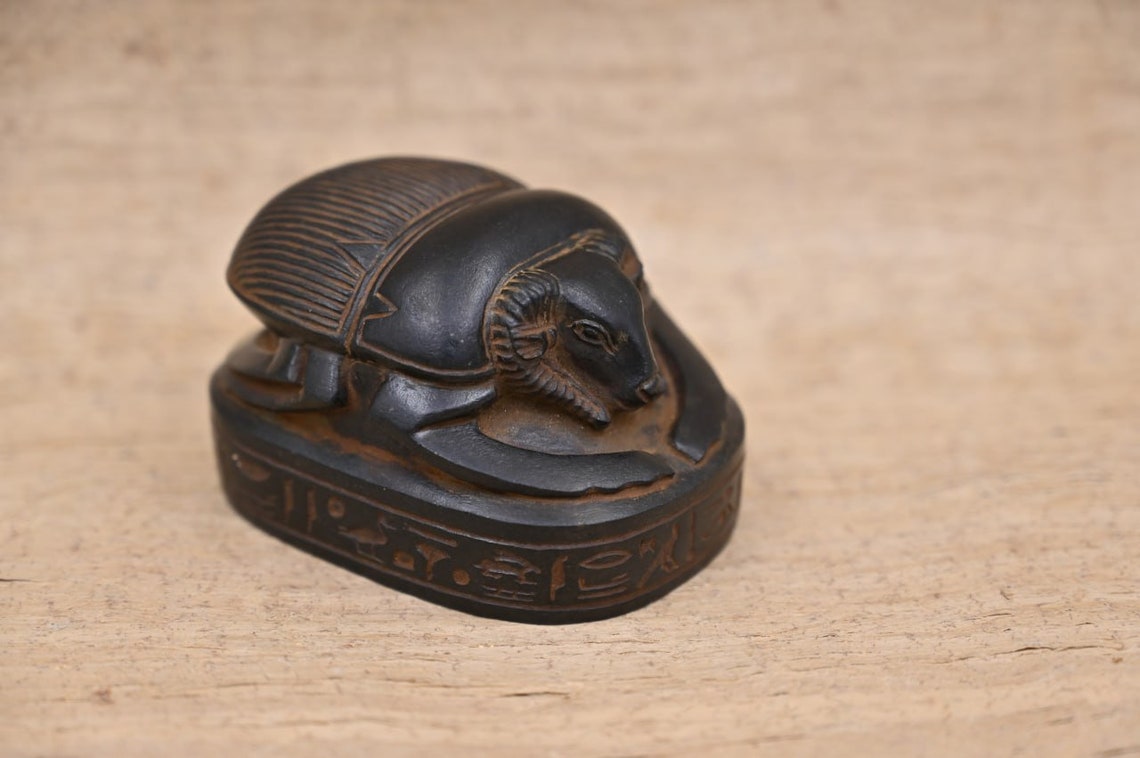 Vintage Black Basalt Scarab Beetle Sculpture: Khnum Ram Head, Egyptian ...