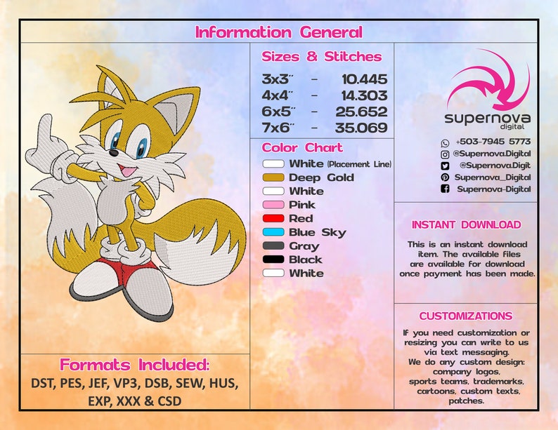 Tails Sonic. Embroidery Design Machine. Automatic Embroidery - Etsy