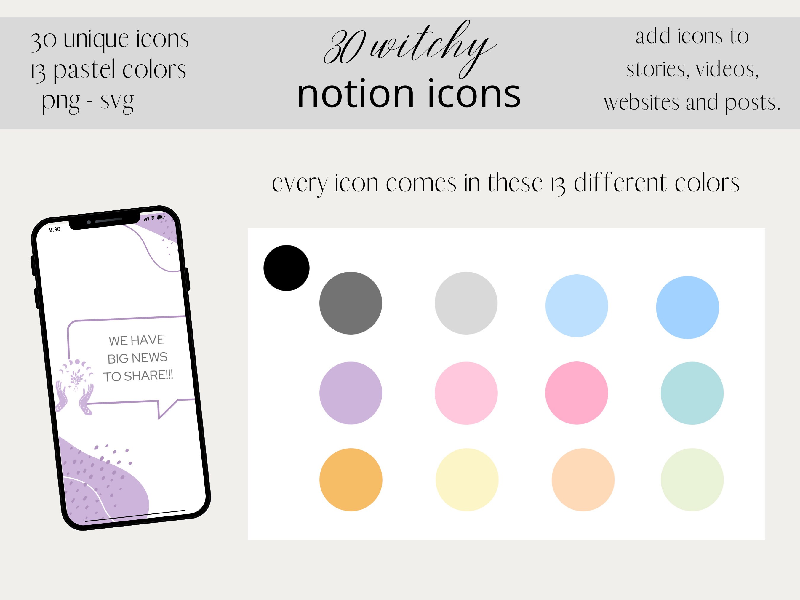 Pastel Witchy Icons for Notion Templates PNG SVG Digital Art Business ...