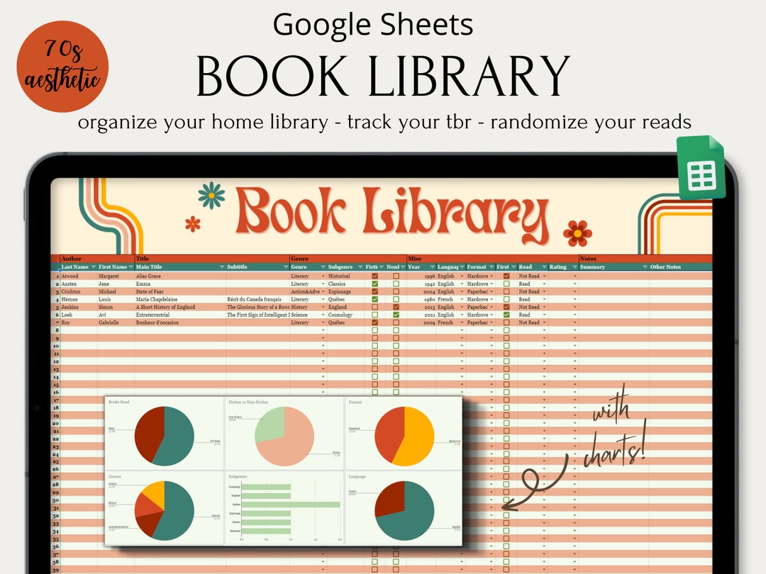 70s Book Library Google Sheets Template Catalogue Books Database Book ...