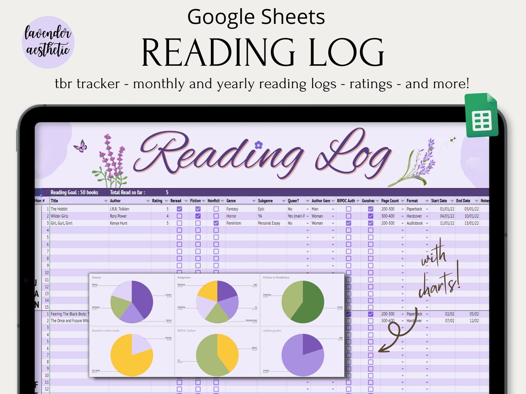 Lavender Reading Log Google Sheets Template Catalogue Books Database ...