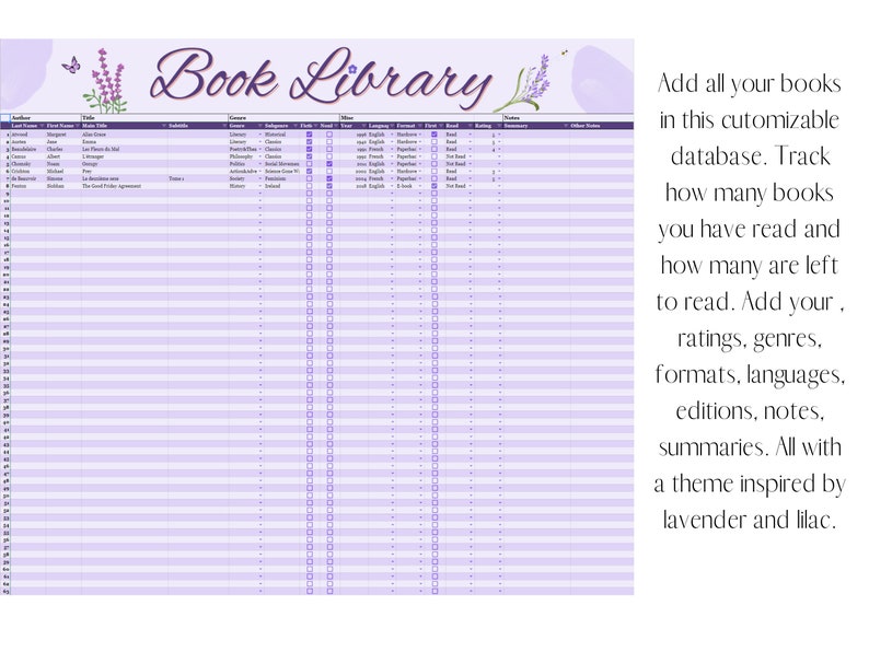 Lavender Book Library Google Sheets Template Catalogue Books Database ...