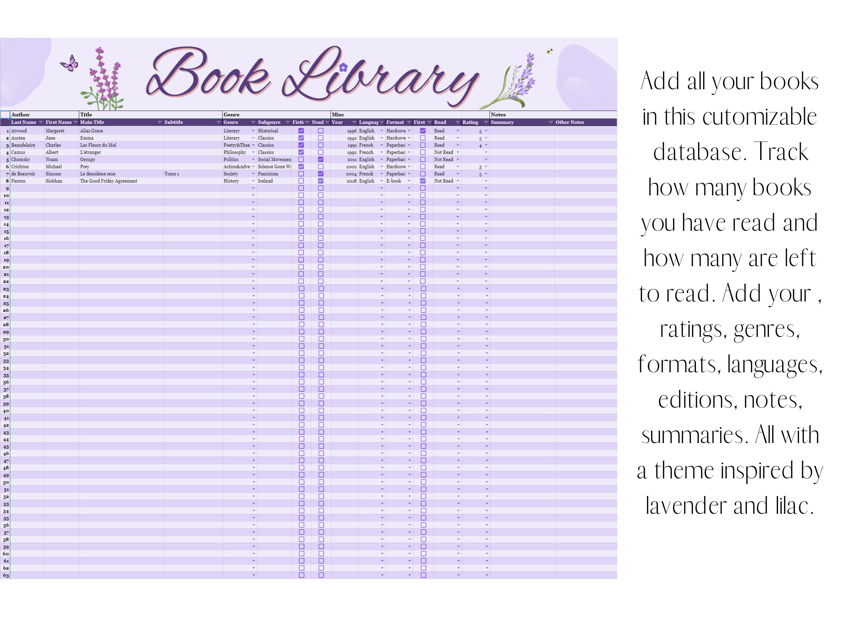 Lavender Book Library Google Sheets Template Catalogue Books Database ...