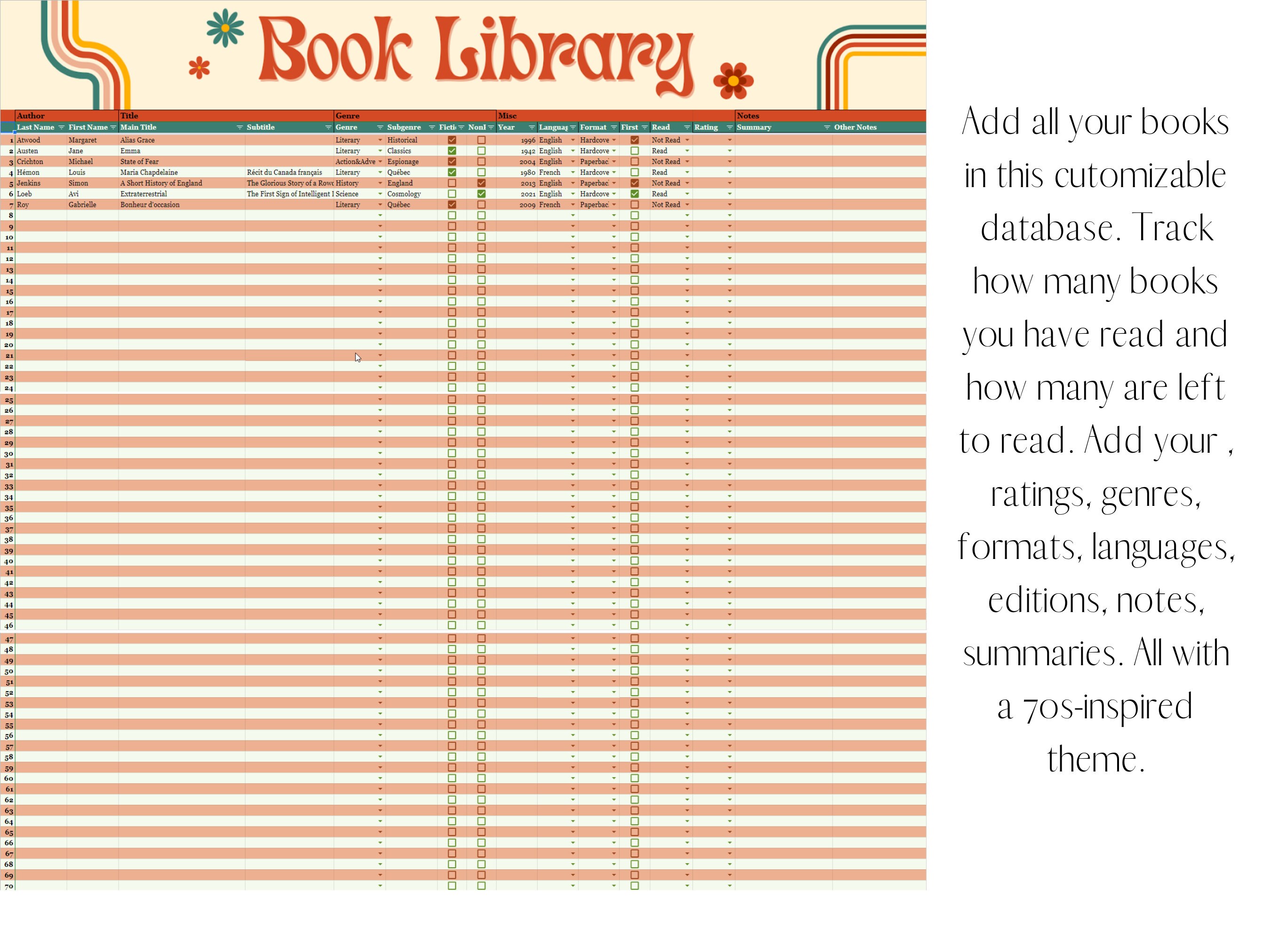 70s Book Library Google Sheets Template Catalogue Books Database Book ...