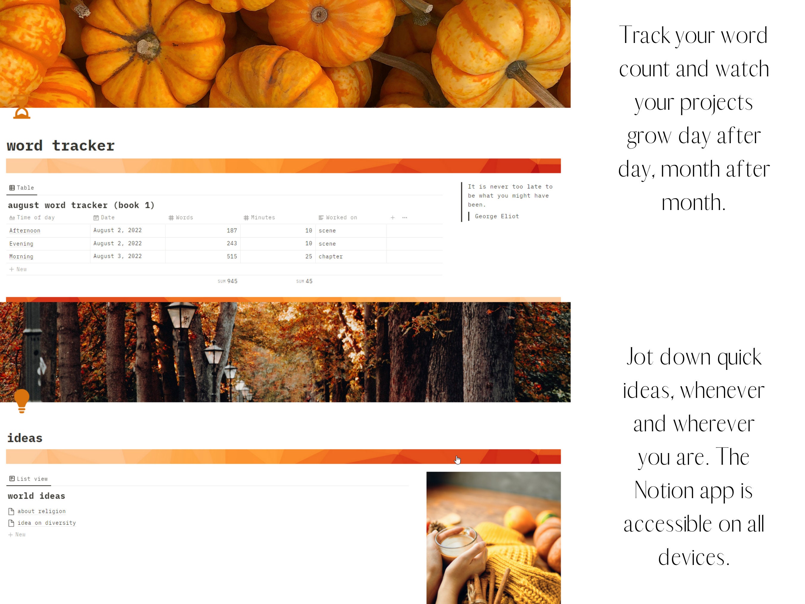 Autumn Writer's Corner Notion App Template Writing Help Database Novel ...