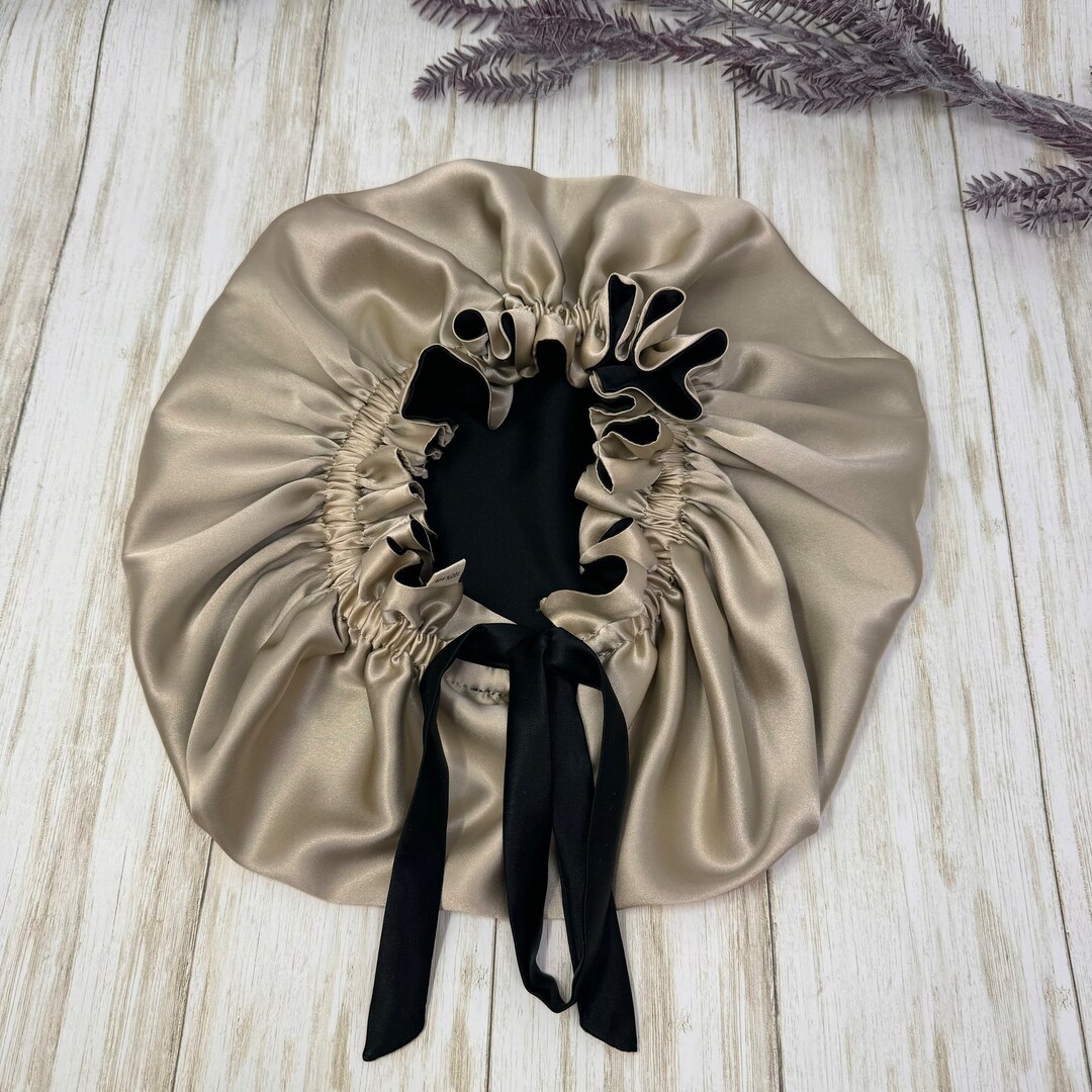 Reversible 100% Pure Silk Bonnet Black and Champagne Adjustable ...