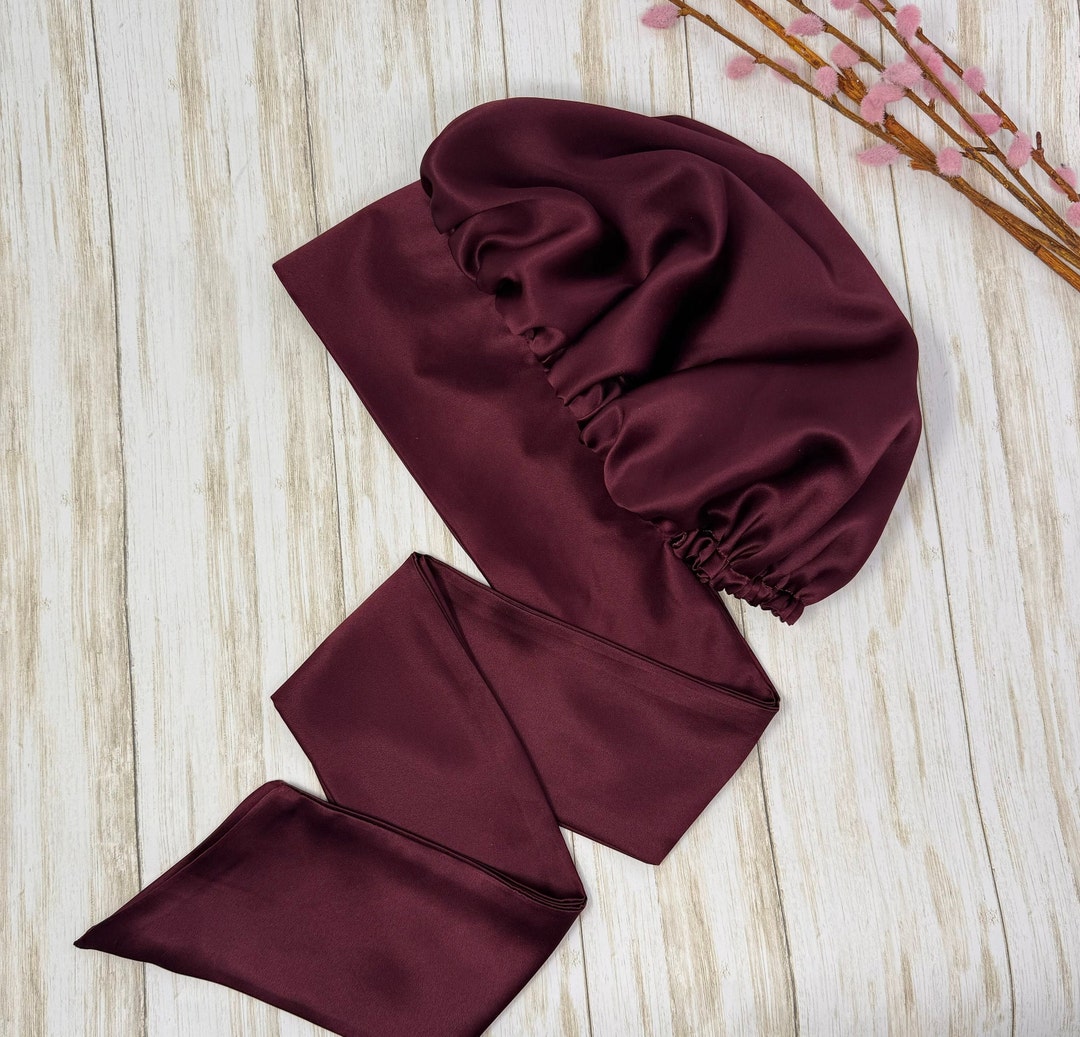Burgundy Pure Mulberry Silk REVERSIBLE Bonnet With Ties 19 Mm 6A Grade ...