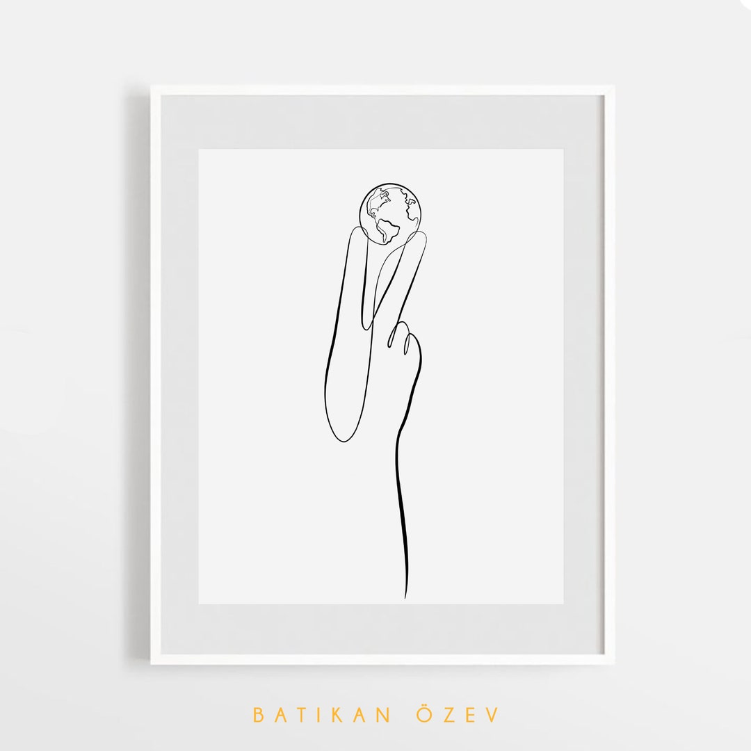 Hand and World Line Art, Minimal Decor, Hand Sketch, Line Drawing ...