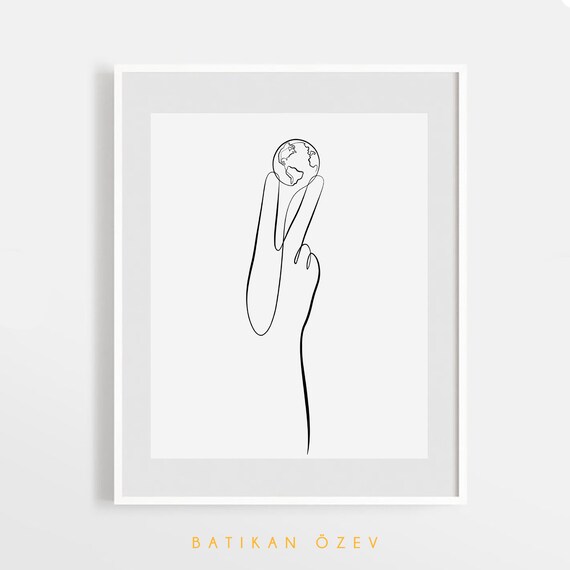 Hand and World Line Art Minimal Decor Hand Sketch Line | Etsy