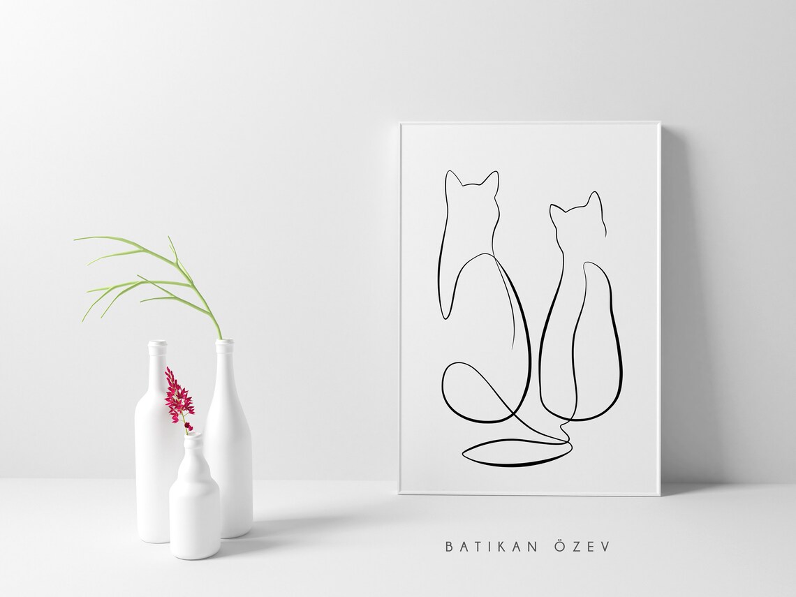 Cat Line Art Poster Minimal Decor Two Cats Print Minimal | Etsy