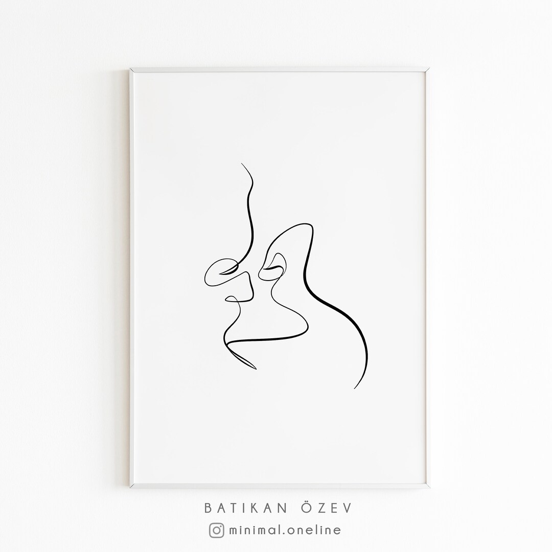 Kissing Couple One Line Wall Art, Romantic Kiss Line Drawing, Minimal ...