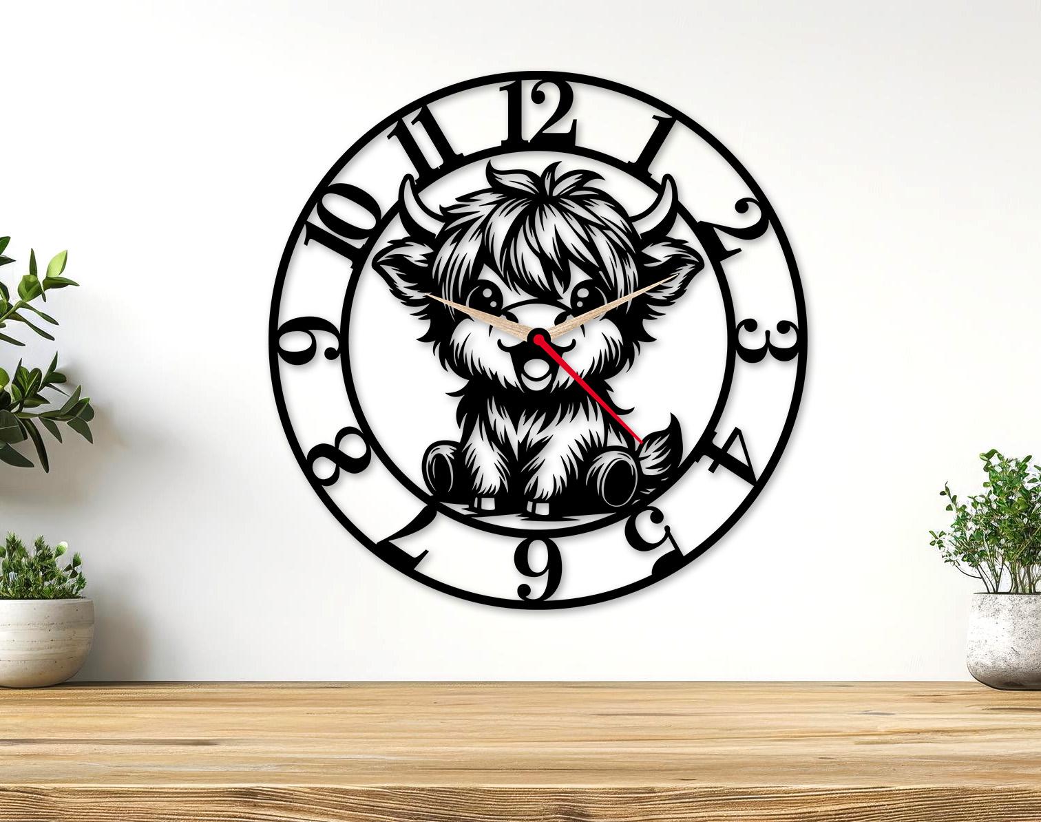Cute Highland Cow Wall Clock Face Svg Png Dxf, Heifer Cow Clock Base ...