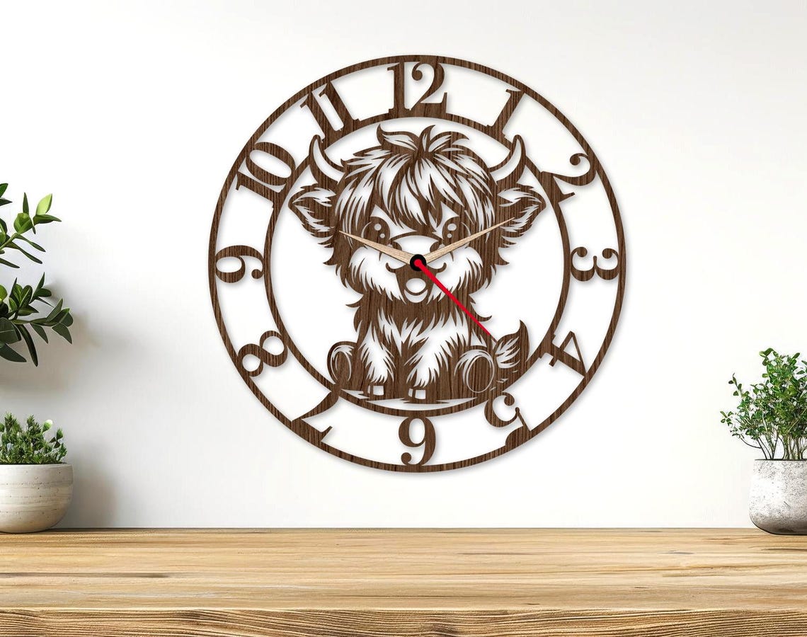 Cute Highland Cow Wall Clock Face Svg Png Dxf, Heifer Cow Clock Base ...