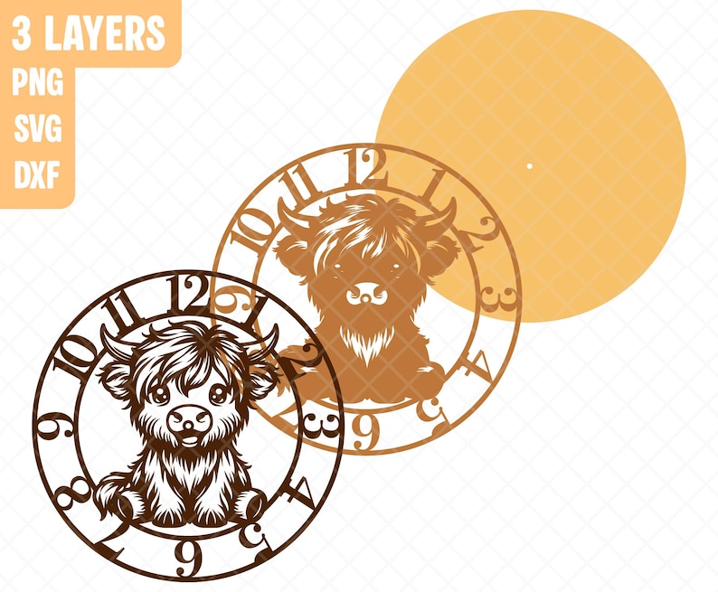 Cute Highland Cow Clock Face Svg Png Dxf, Highland Cattle Clock Base ...