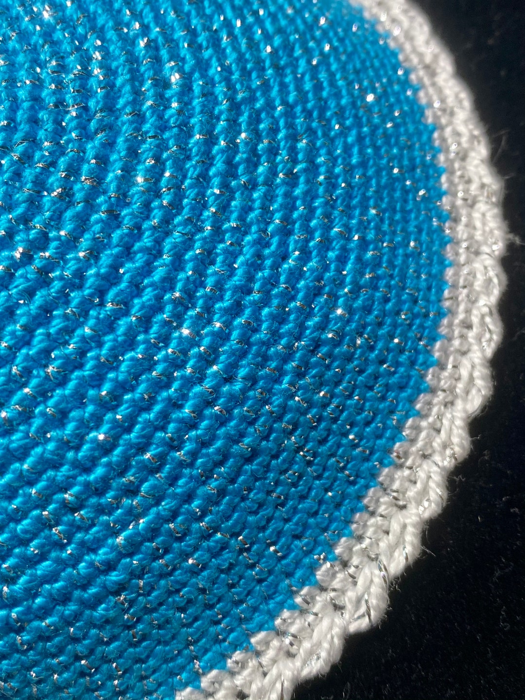 Cyan or Blue With Silver Thread and White Trim Handmade Crochet Pearl ...