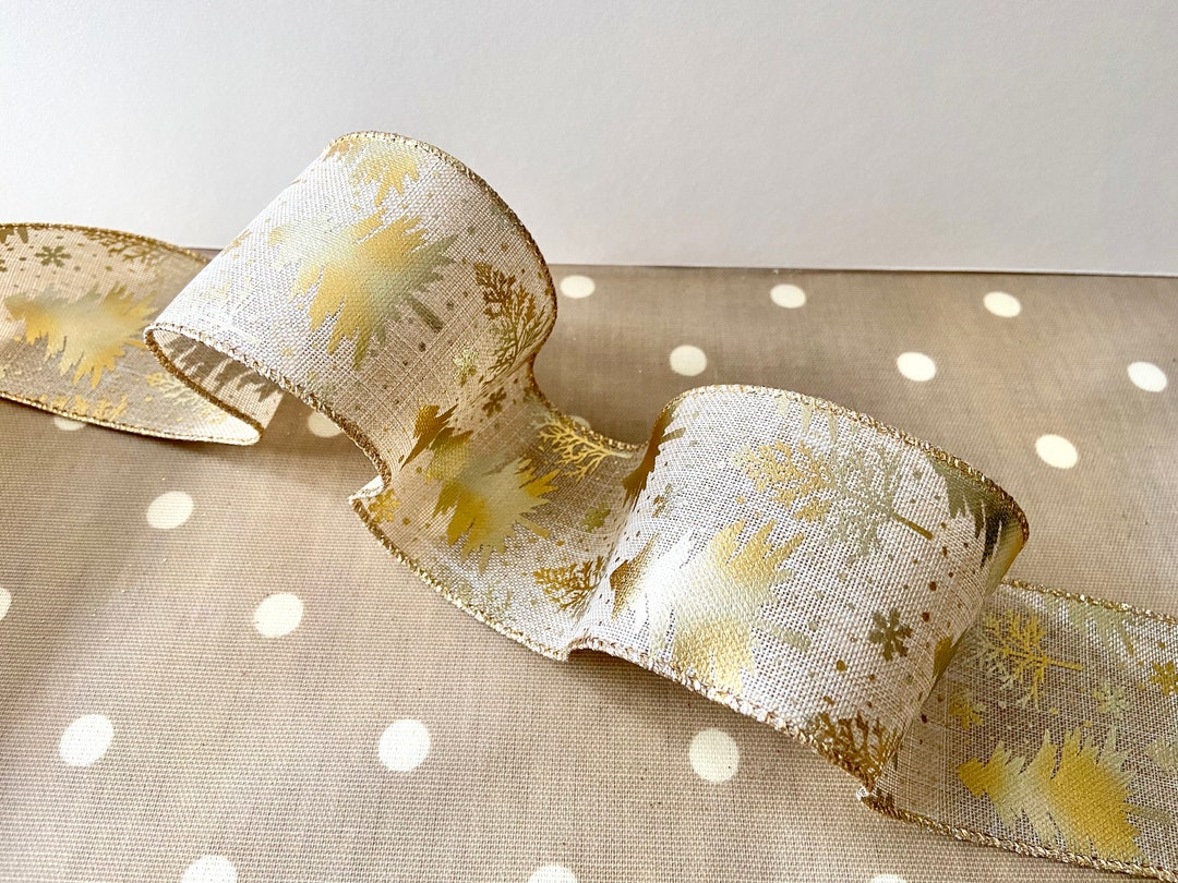 Gold Trees on Hessian, Extra Wide Christmas Ribbon, Wired Edge, 63mm ...