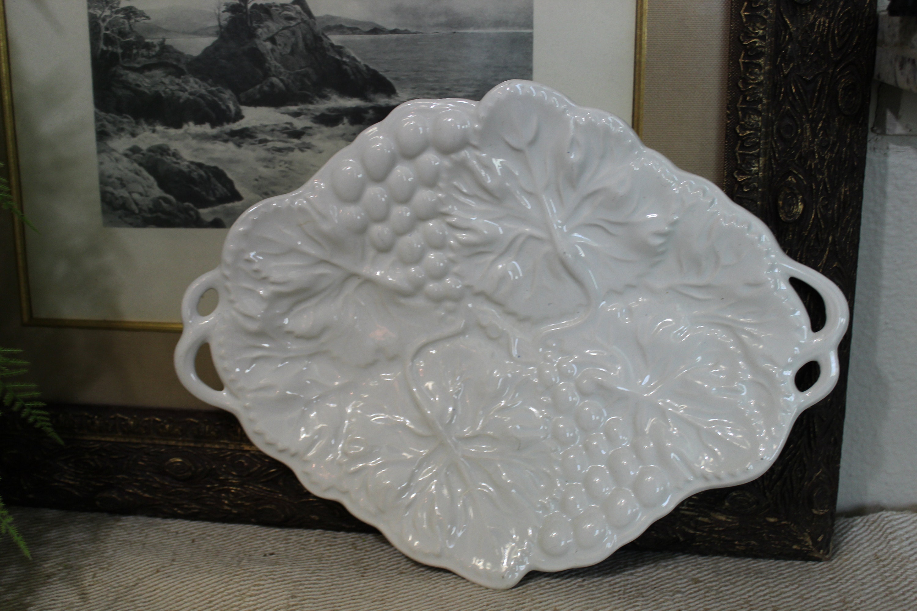 Vintage Cream White Ceramic Grape Grape Leaves Cheese Handled Serving ...