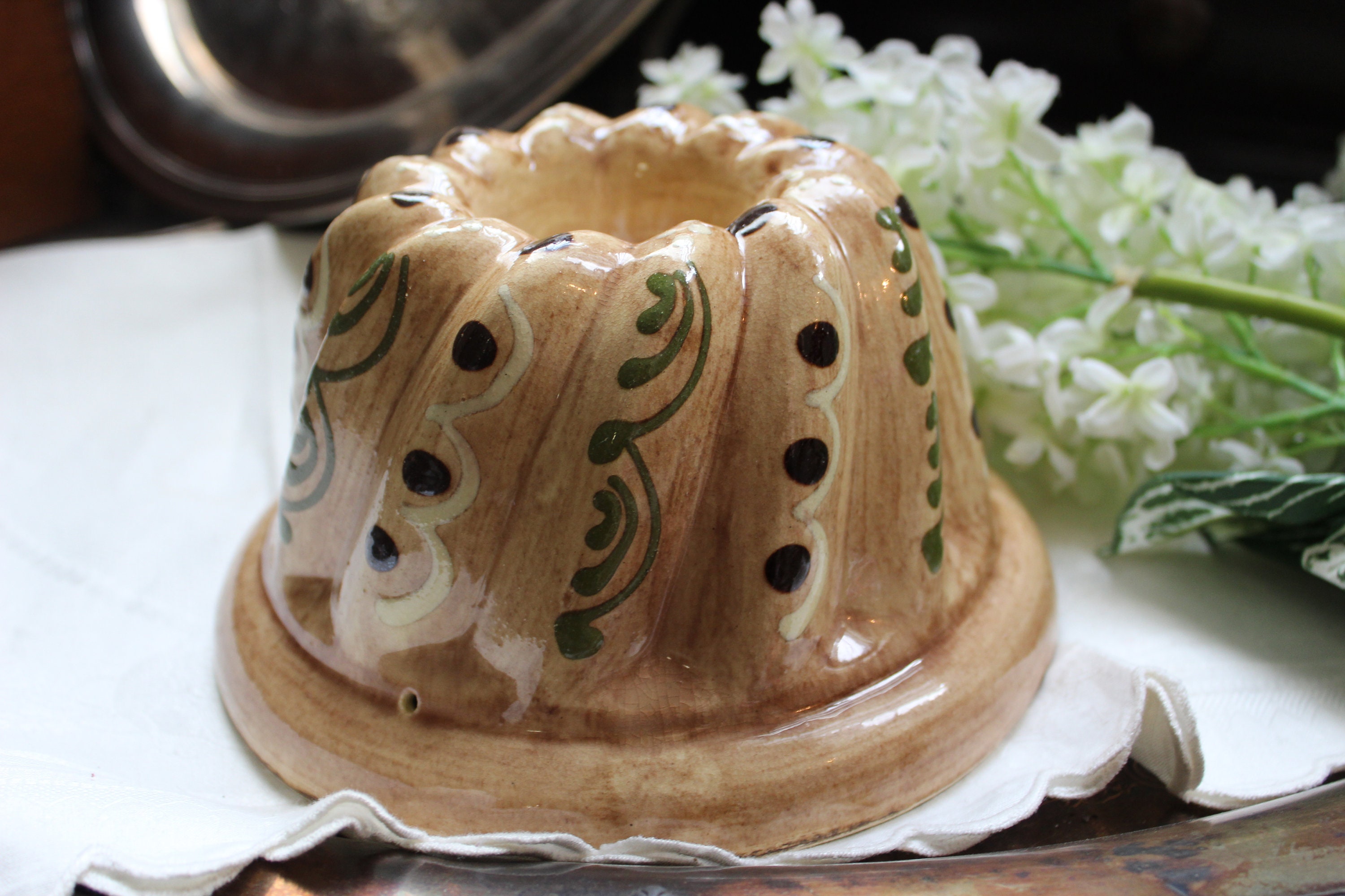 Vintage Stoneware Pudding Mold Mould 7 1/2 Vtg Yellow Ware Pottery Hand ...