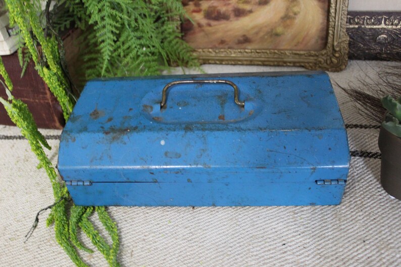 Vintage Turquoise Blue Metal Tool Box Paint Box / Rustic Farmhouse ...