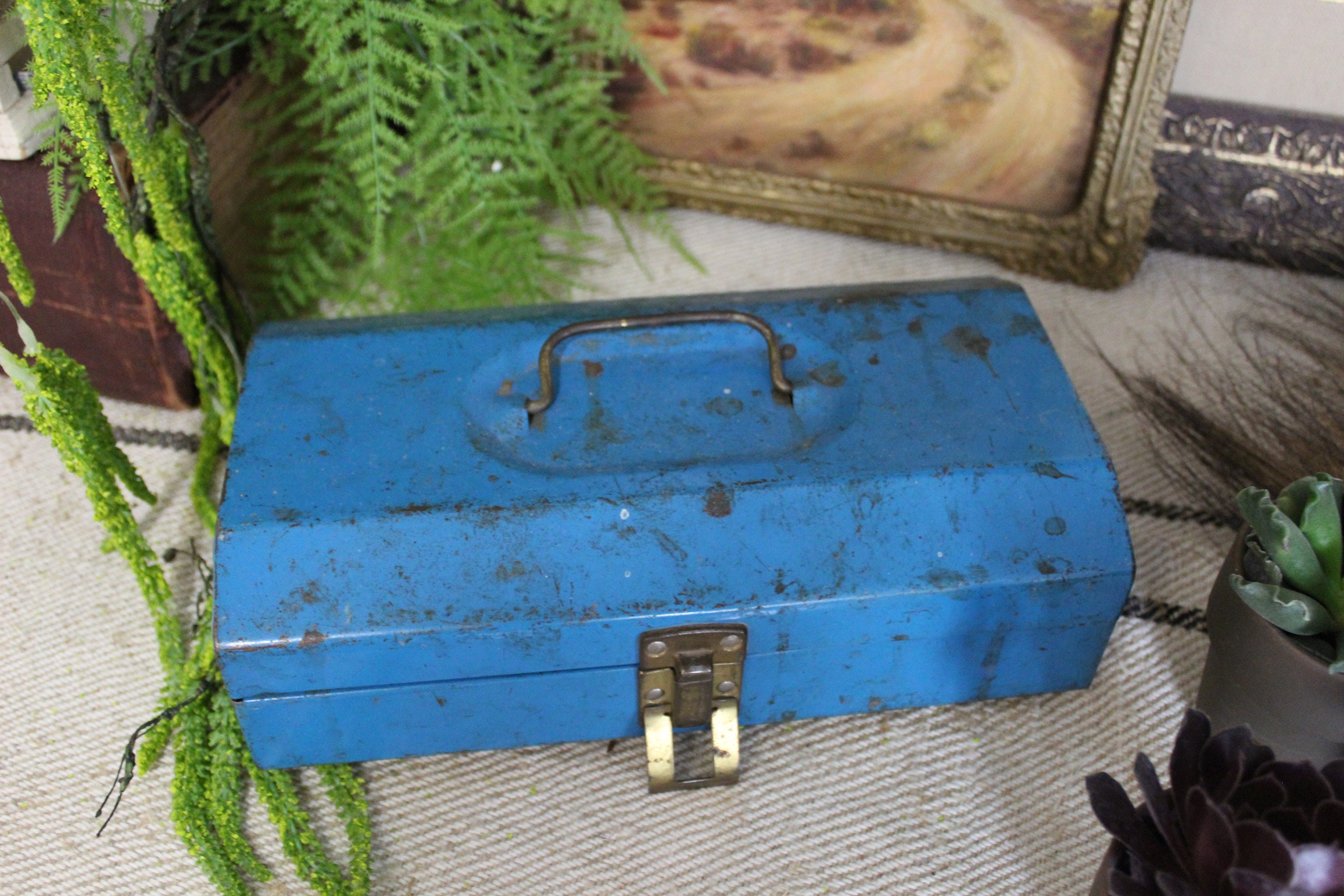 Vintage Turquoise Blue Metal Tool Box Paint Box / Rustic Farmhouse ...