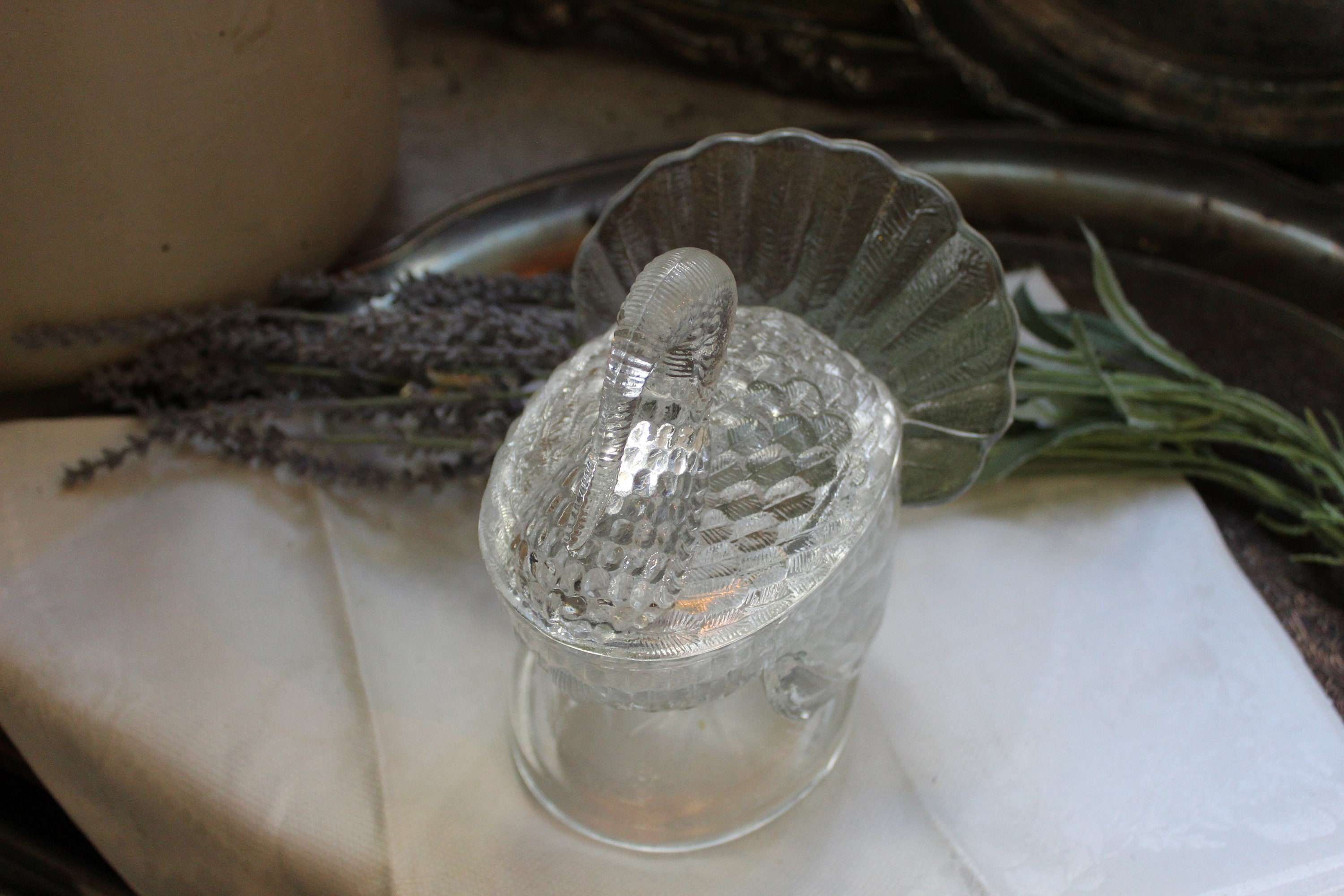 Vintage Clear Glass Wild Turkey Covered Candy Dish / Farmhouse Kitchen ...