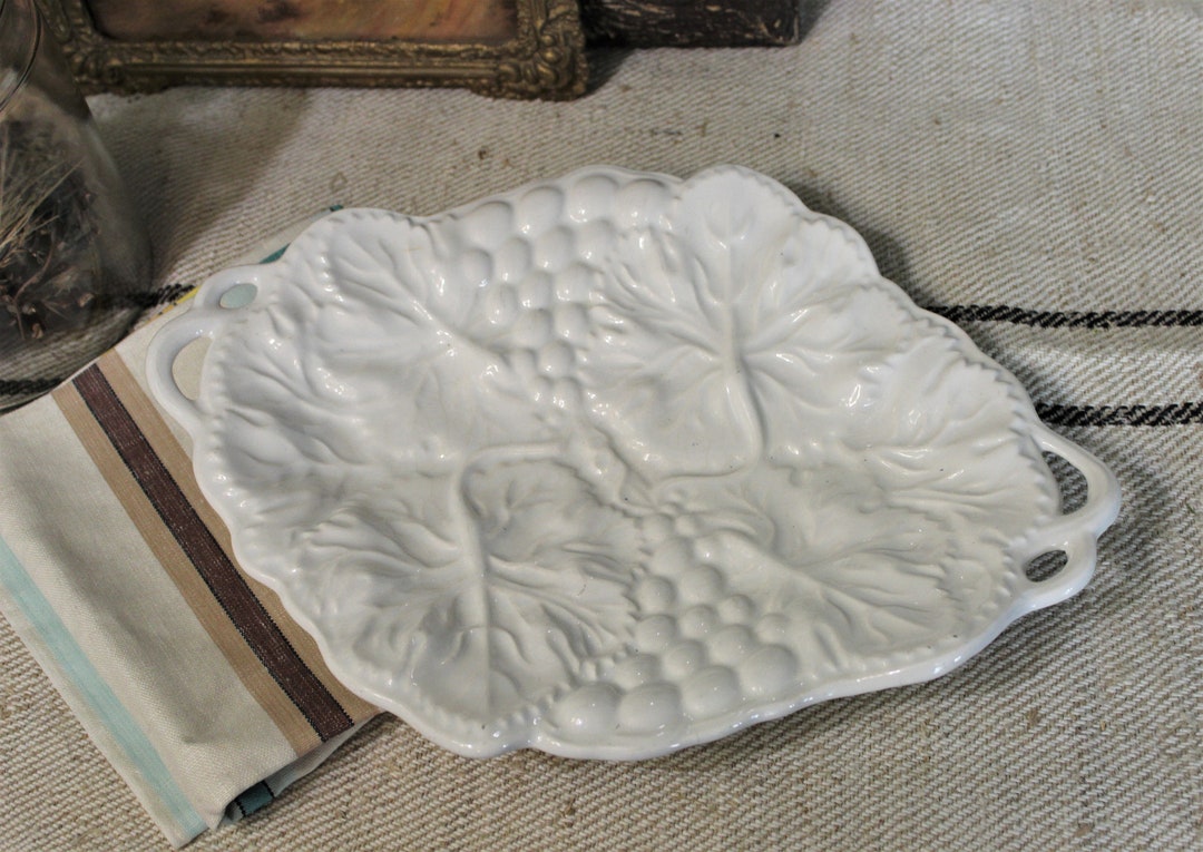 Vintage Cream White Ceramic Grape Grape Leaves Cheese Handled Serving ...