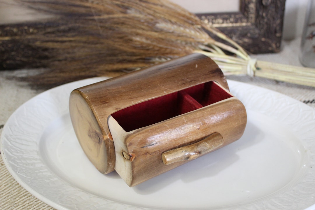 Vintage Handmade Wood Log With Drawer Unique Rustic Storage Box Key ...