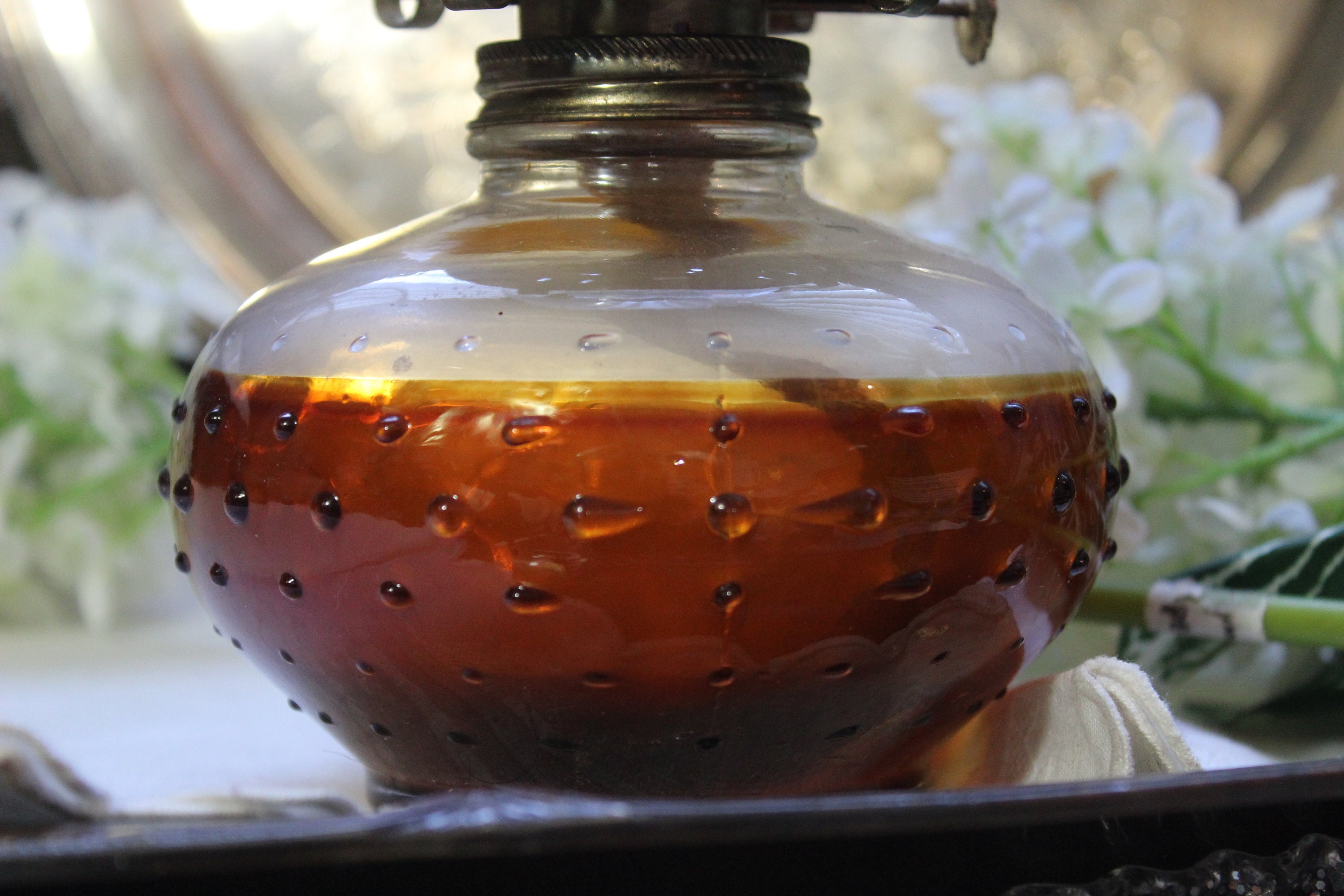 Antique Amber Glass Hobnail Oil Lamp Hurricane Handblown Lamplight ...