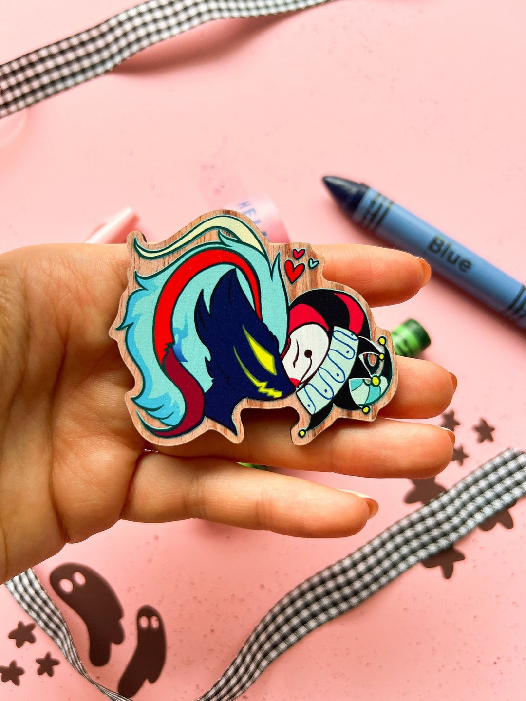 Asmodeus and Fizzarolli Wooden Pin Helluva Boss Badge Fizz Demon Jester ...