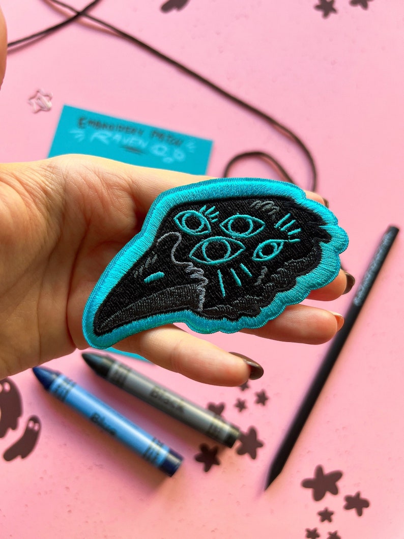 Creepy Many-eyed Raven Embroidered Patch | Aqua Blue Cryptid - Etsy