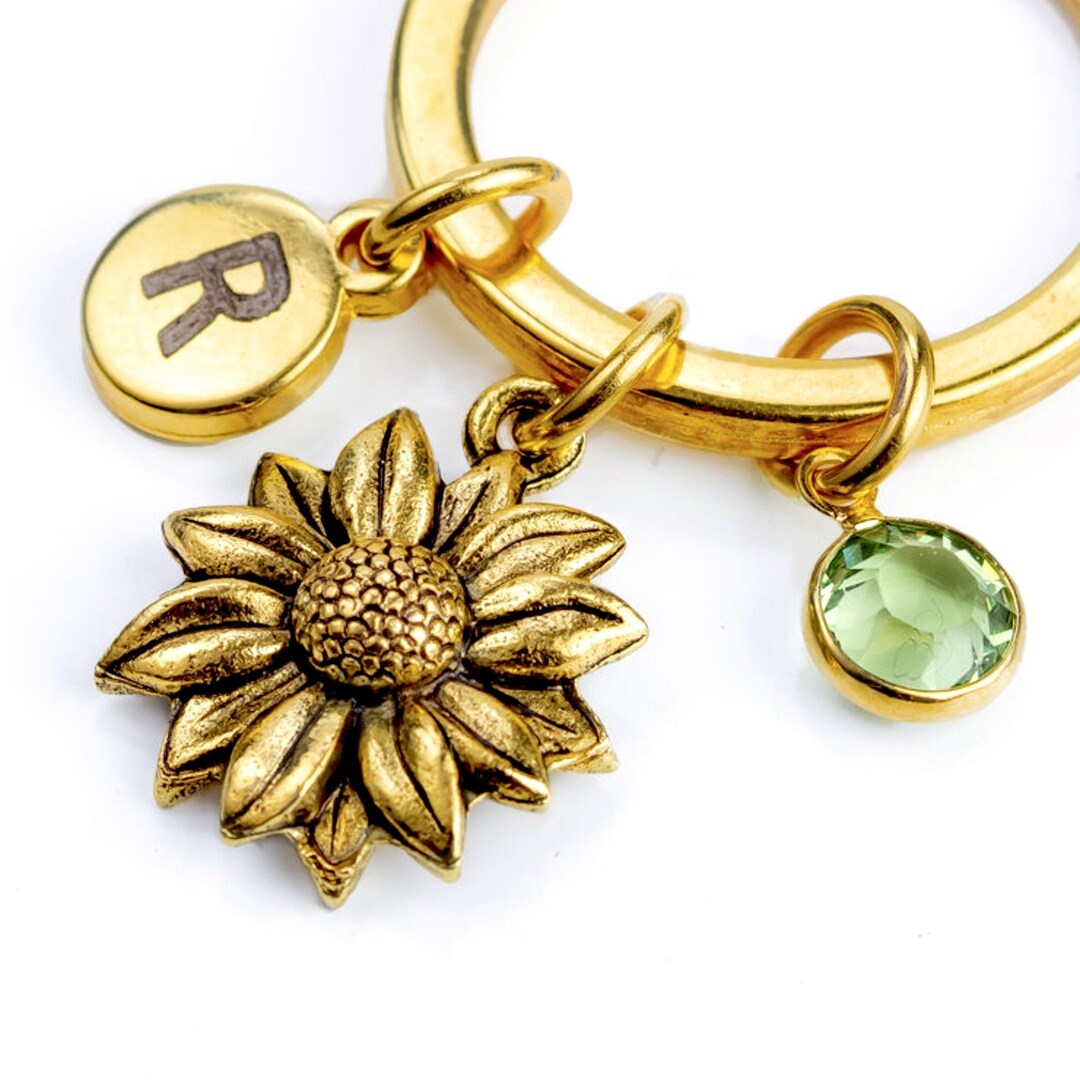 Gold Sunflower Keychain, Gold Flower Keyring, Daisy Charm, Personalized ...