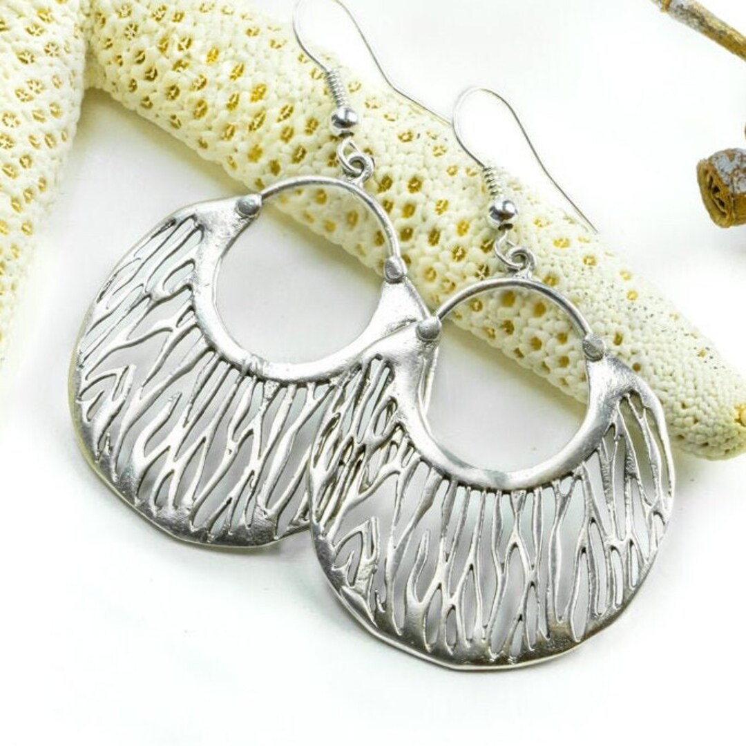 Silver Coral Hoop Earrings, Filigree Half Moon Crescent, Ethnic ...