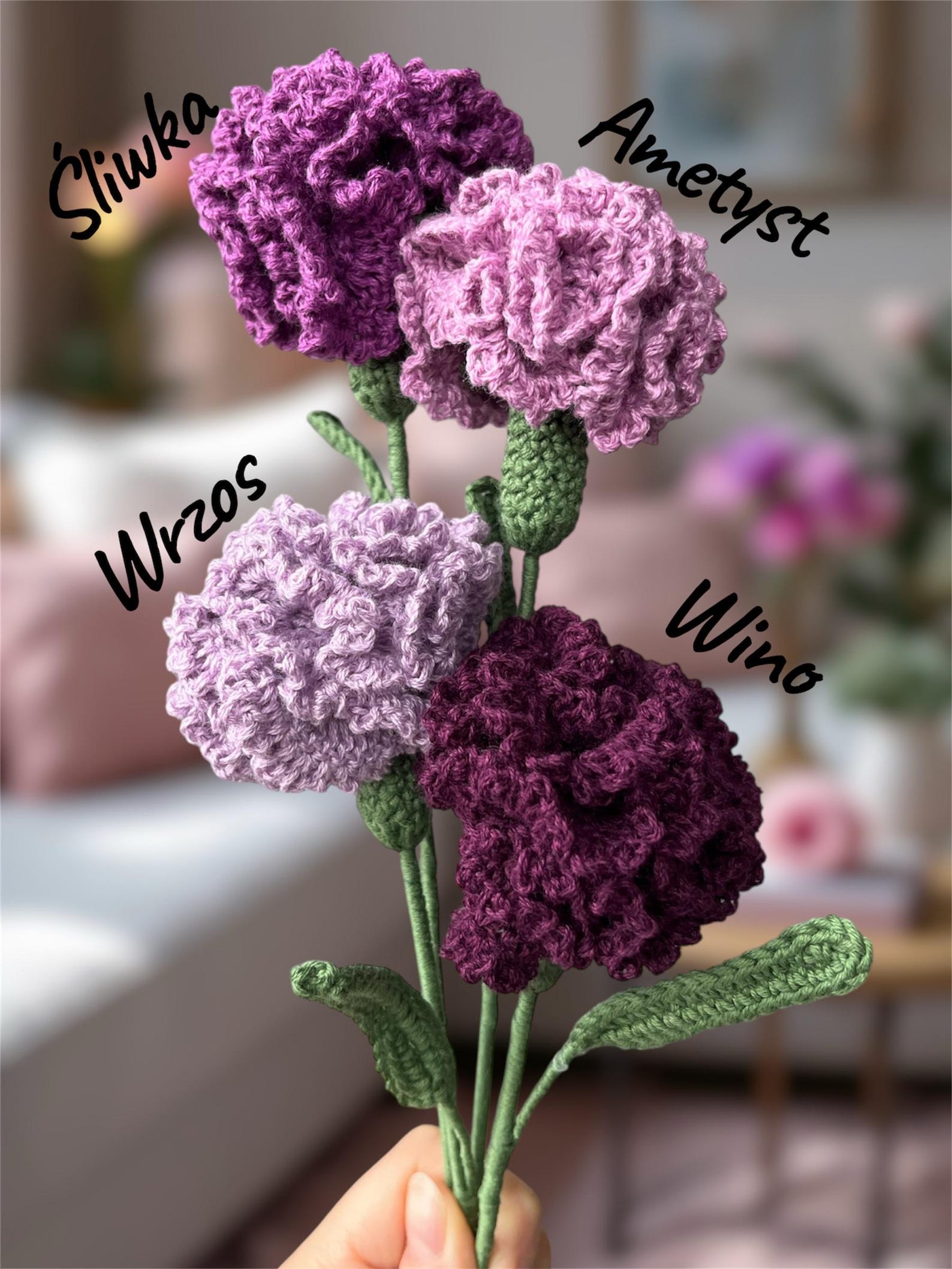 Handmade Crochet Carnation: Plum, Amethyst & Lilac Cotton Yarn Flower ...