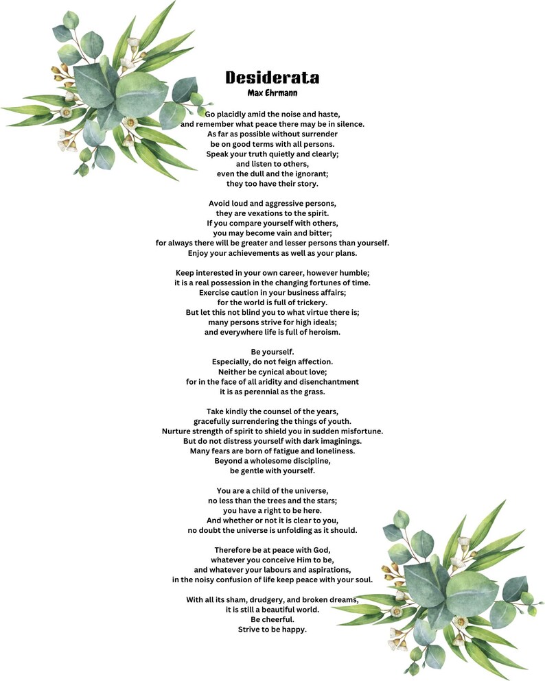 Desiderata Poem / Max Ehrmann Poem. Motivation Inspiration Print Wall ...