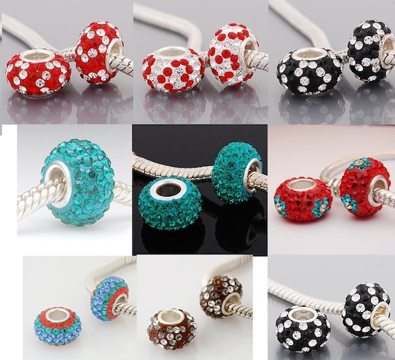 Set of 9 Silver Core Beads Crystal Pave Spacer Charms Fits Pandora Bracelet Heart brads