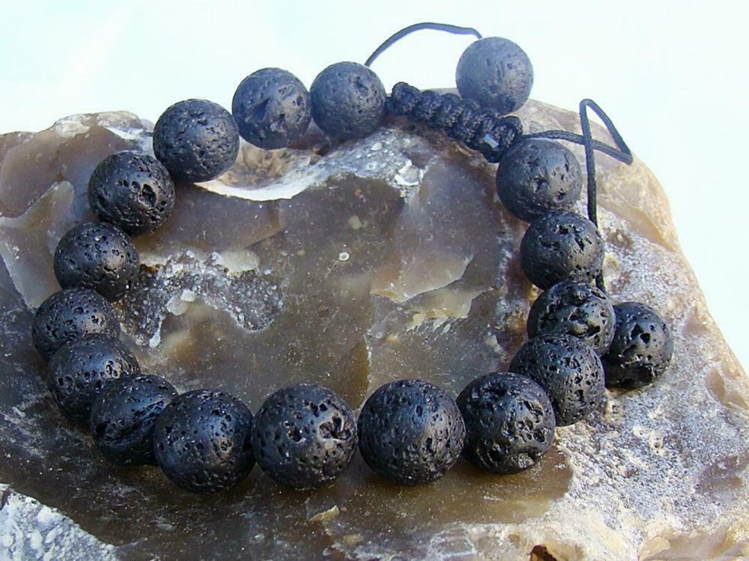 Men's Gemstone Beaded Bracelet 12mm BLACK LAVA STONE Beads Gift ...