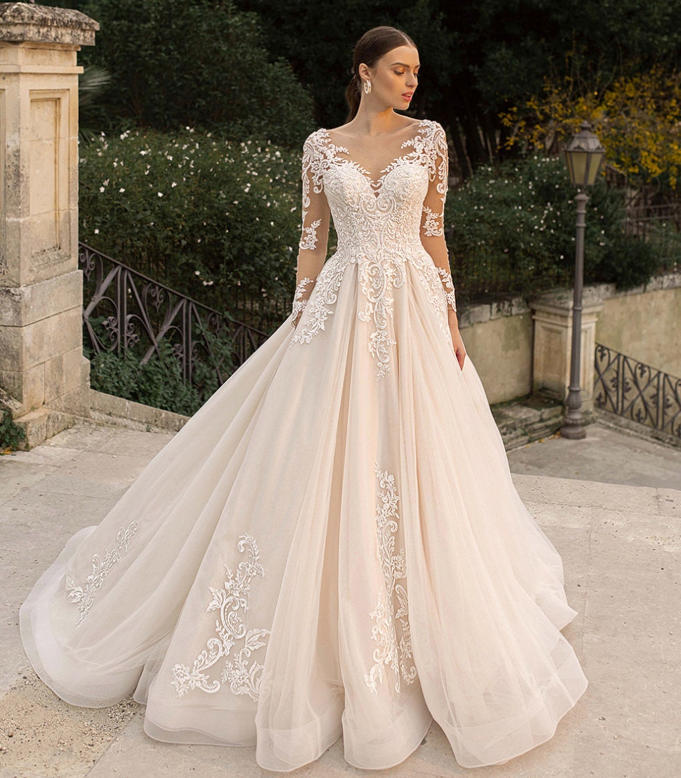 Womens Ball Gown Long Sleeves V Neck Floral Lace Wedding Etsy Uk