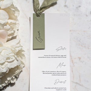 Personalised Sage Green Wedding Menus – Silk Ribbon Custom Menu Cards ...