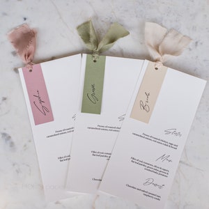 Custom Wedding Menus – Beige Menu Cards With Silk Ribbon and Name Tags ...
