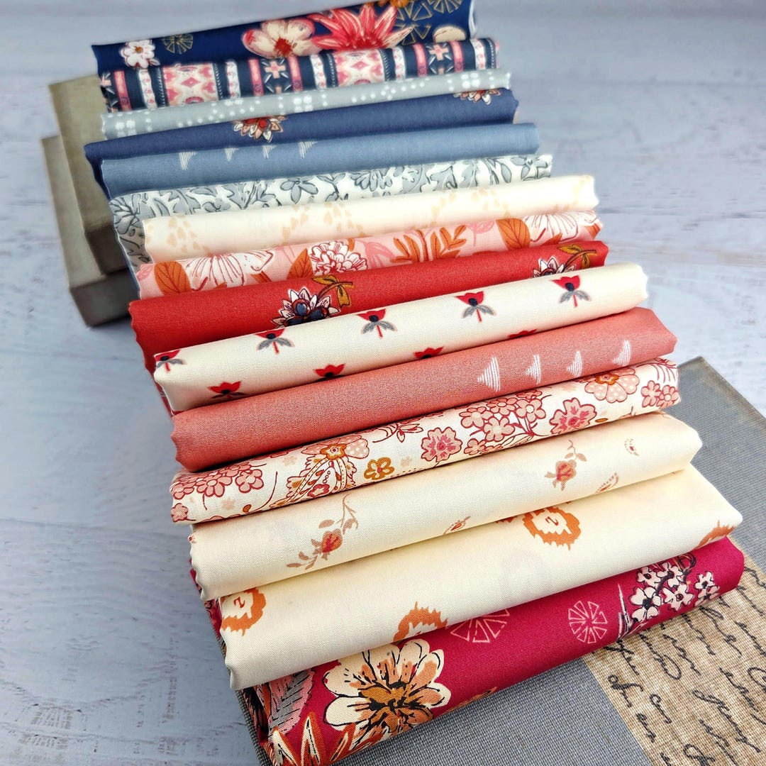 Kindred Quilting Fabric Bundle | Vintage Reds, Blues, Florals - 15 Fat ...