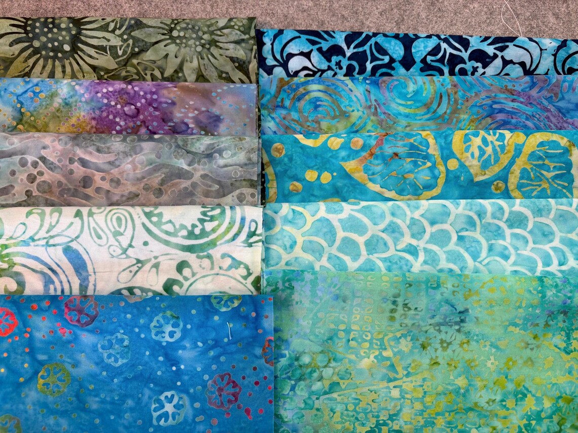 Batik Cotton Fabric Lot of 10 Fat Eighths Scraps 9" X 21" Blue Green - Etsy