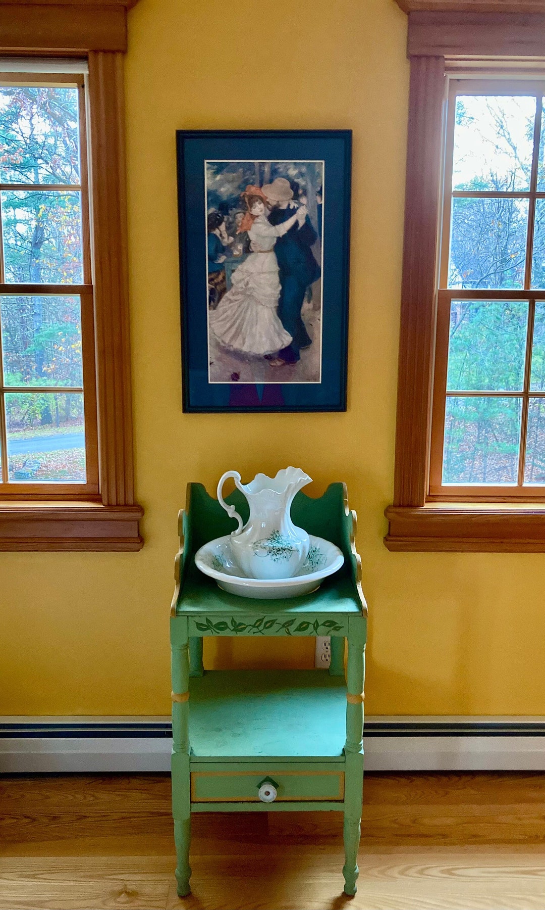 Antique Country Primitive Green Painted Washstand Commode With Semi ...